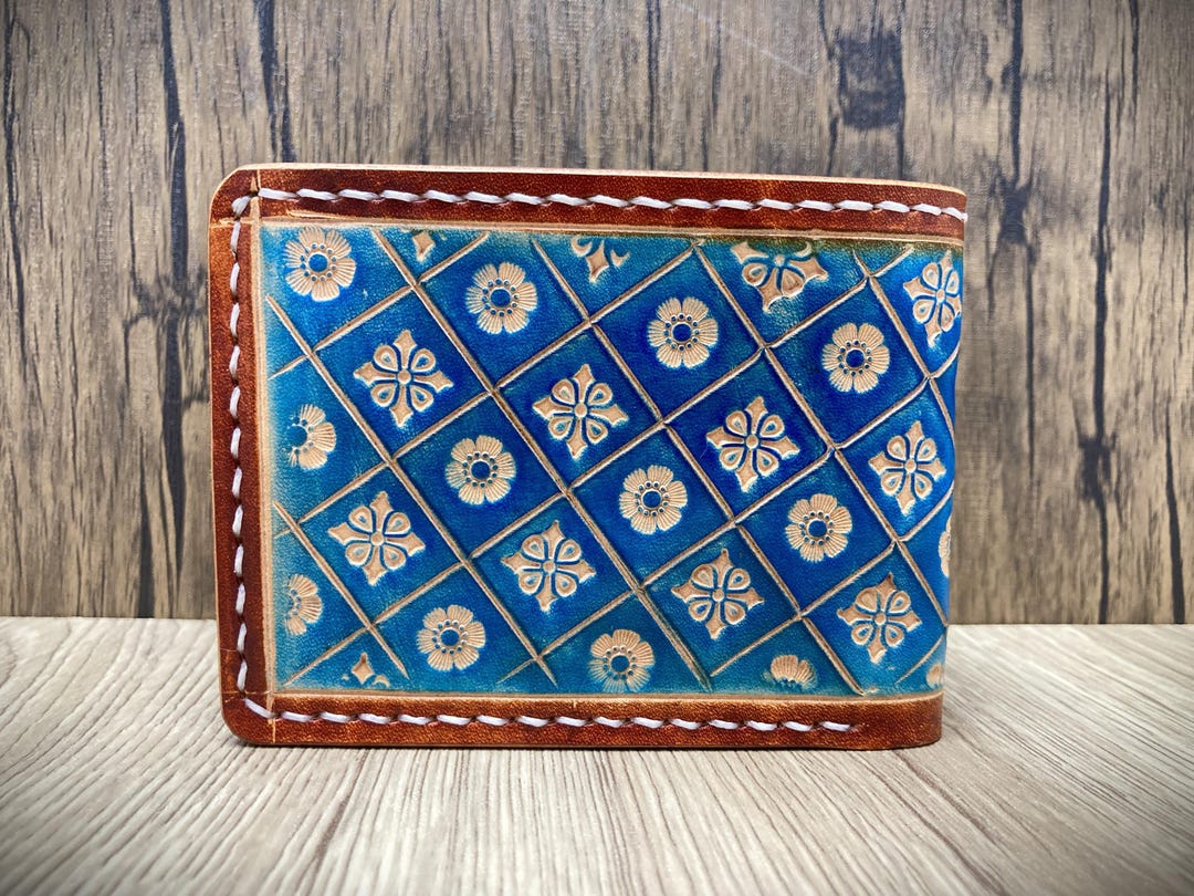 Nature Themed Tooled Leather Wallet, Turquoise Custom Leather Bi Fold ...