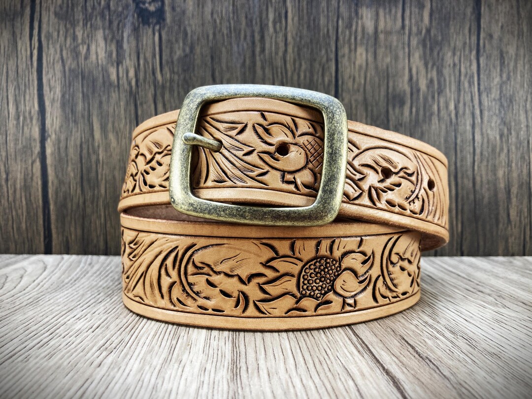 Personalised Nature Inspired Leather Belt, Custom Sunflower Belt ...