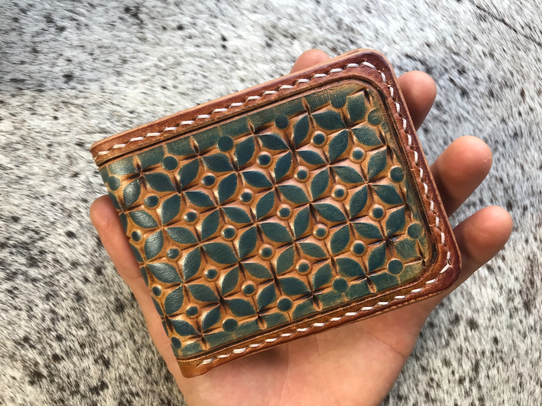 Hand Tooled Leather Wallet, Custom Design, Blue Long Wallet, Sheridan ...