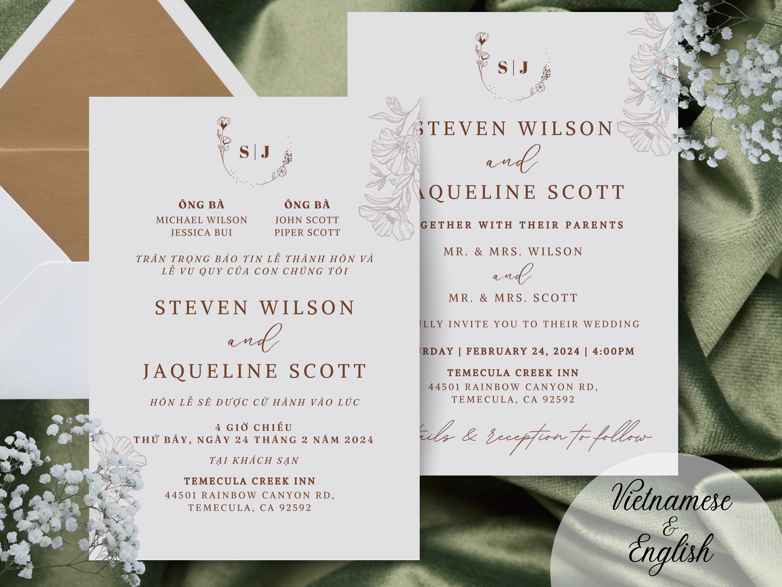 Vietnamese Wedding Invitation Bundle Floral Elegant Monogram, Minimal ...