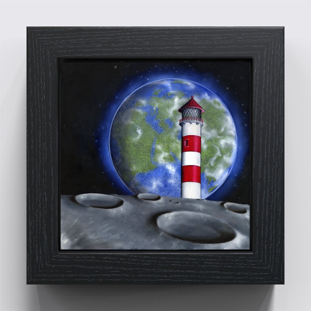 Earth and Moon Art Print: Lighthouse on Lunar Surface - Etsy