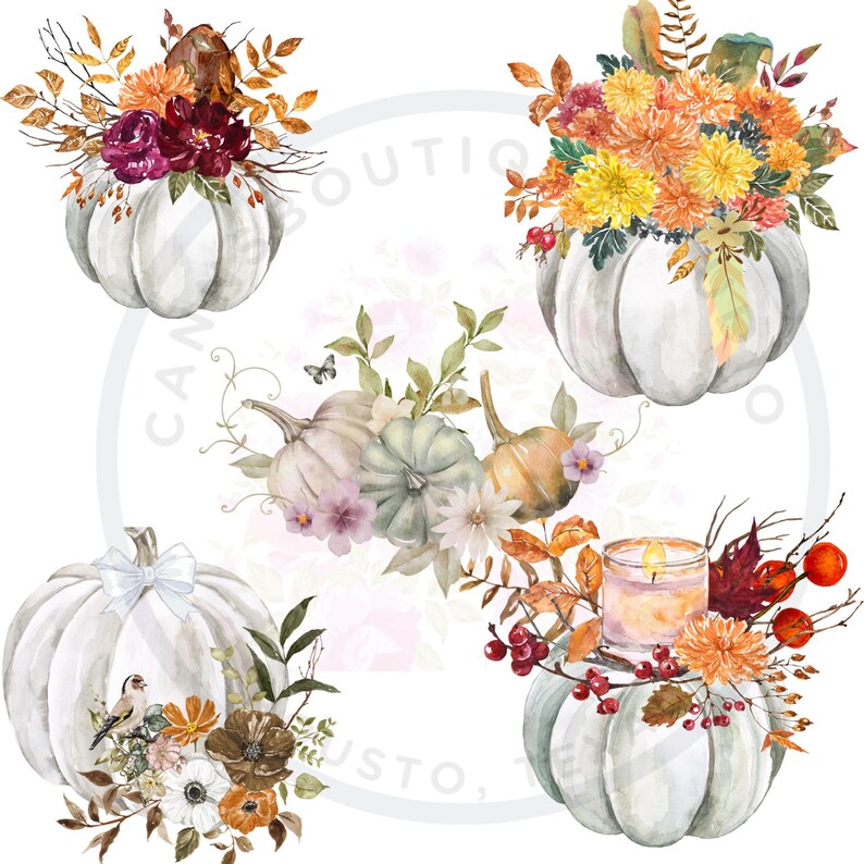 Pumpkin Clipart, Pumpkins and Flowers Clipart, Watercolor Autumn ...