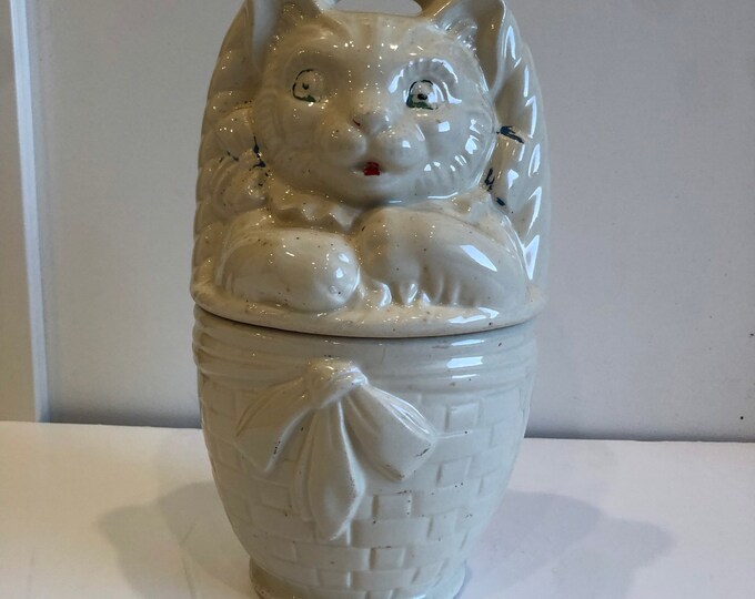 Vintage Early American Bisque Cat in a Basket Cookie Jar - Etsy