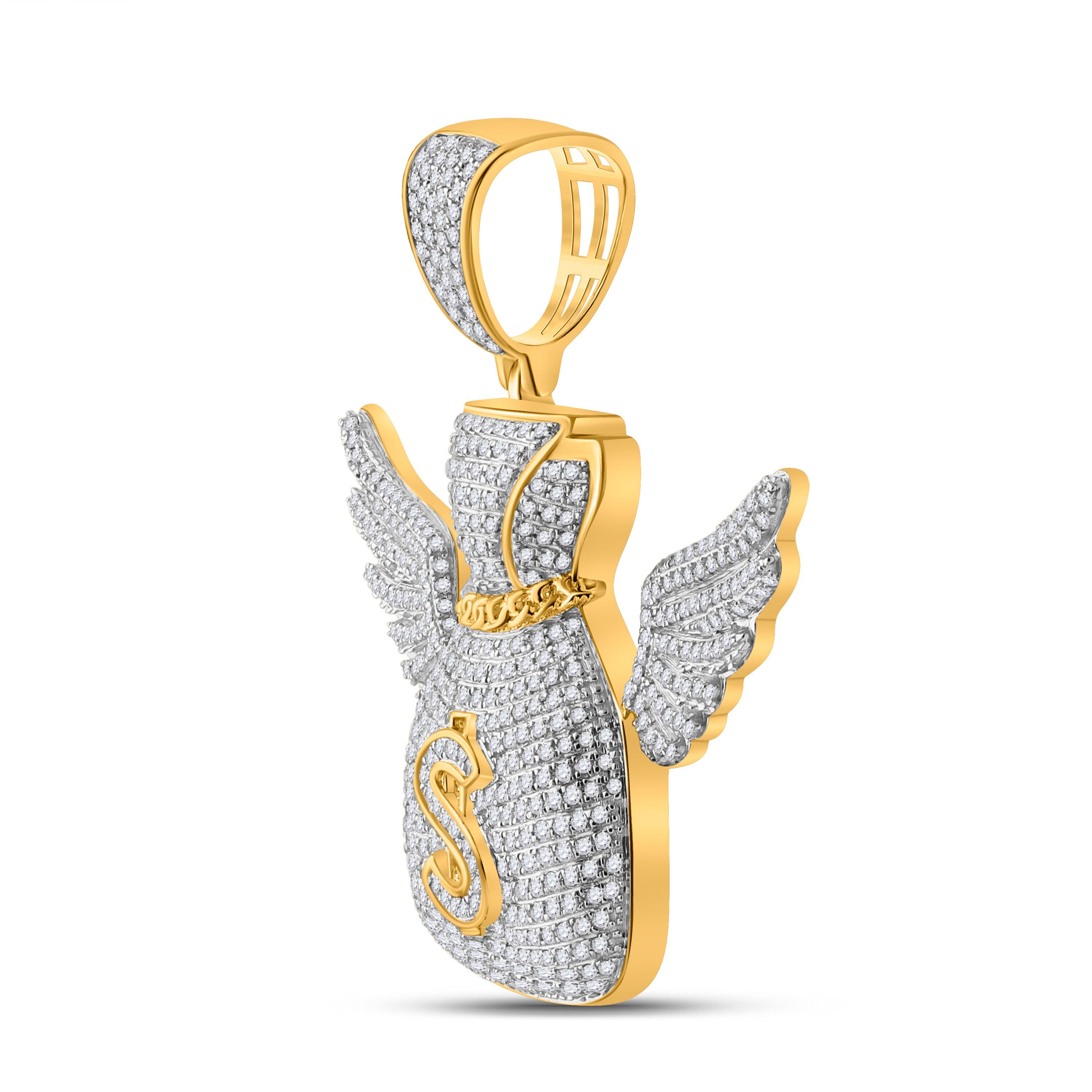 10kt Yellow Gold Men's Money Bag Wings Diamond Charm Pendant 1-1/2 Cttw ...
