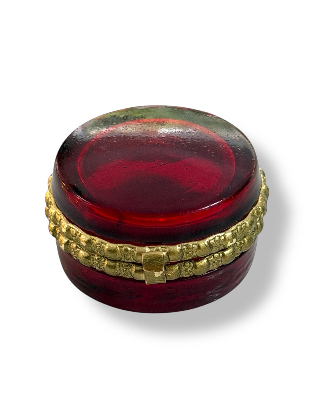 Vintage Style Red Glass Pill Box With Gilded Metal Mounts – Trinket or ...