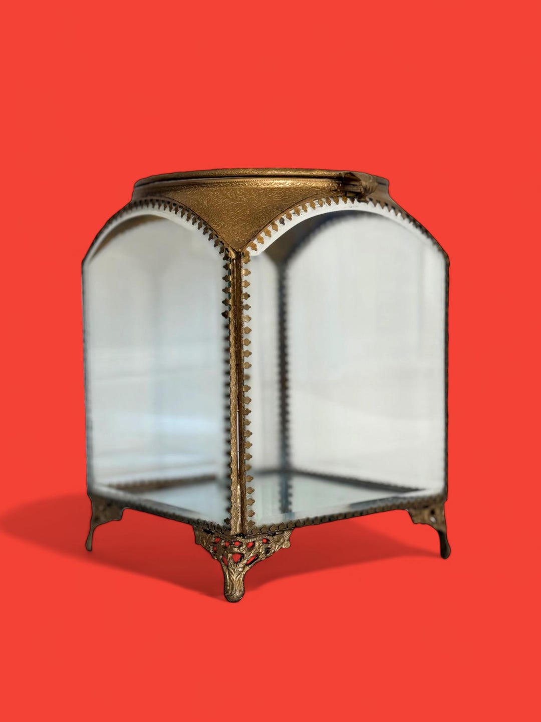 Ornate Beveled Glass, Display Box With Brass Trim With Detailed ...