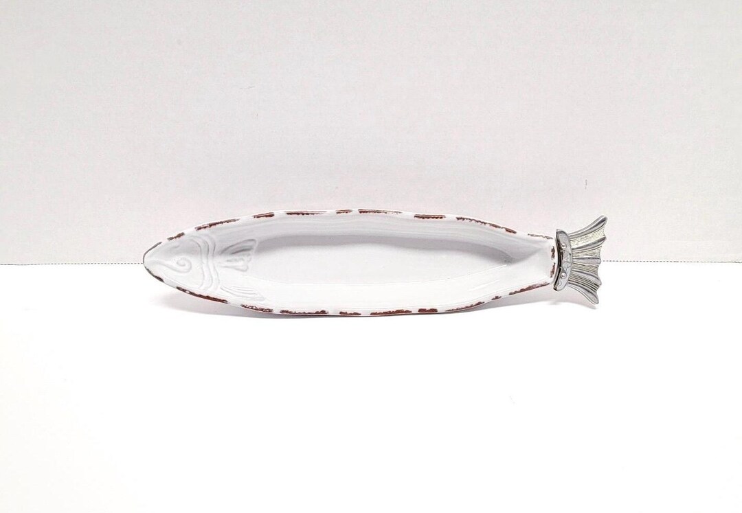 Mud Pie Fish Serving Dish/stoneware Salmon Dish/fish Decor/metal Tail ...