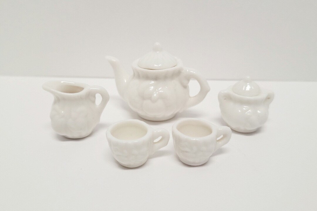 Miniature Doll House Tea Set/porcelain Teapot, Creamer, Sugar, Two ...