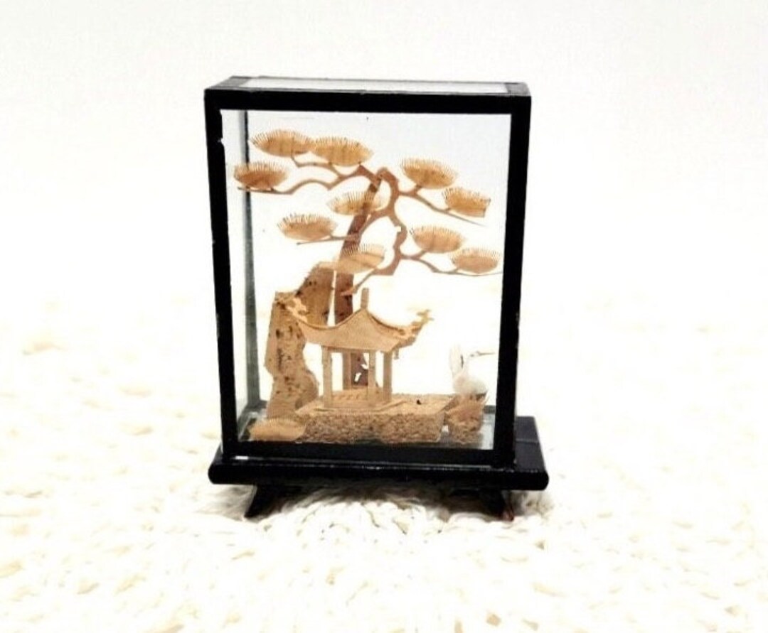 Asian Hand Carved Cork Diorama/traditional Chinese Scene/pagoda Tree ...