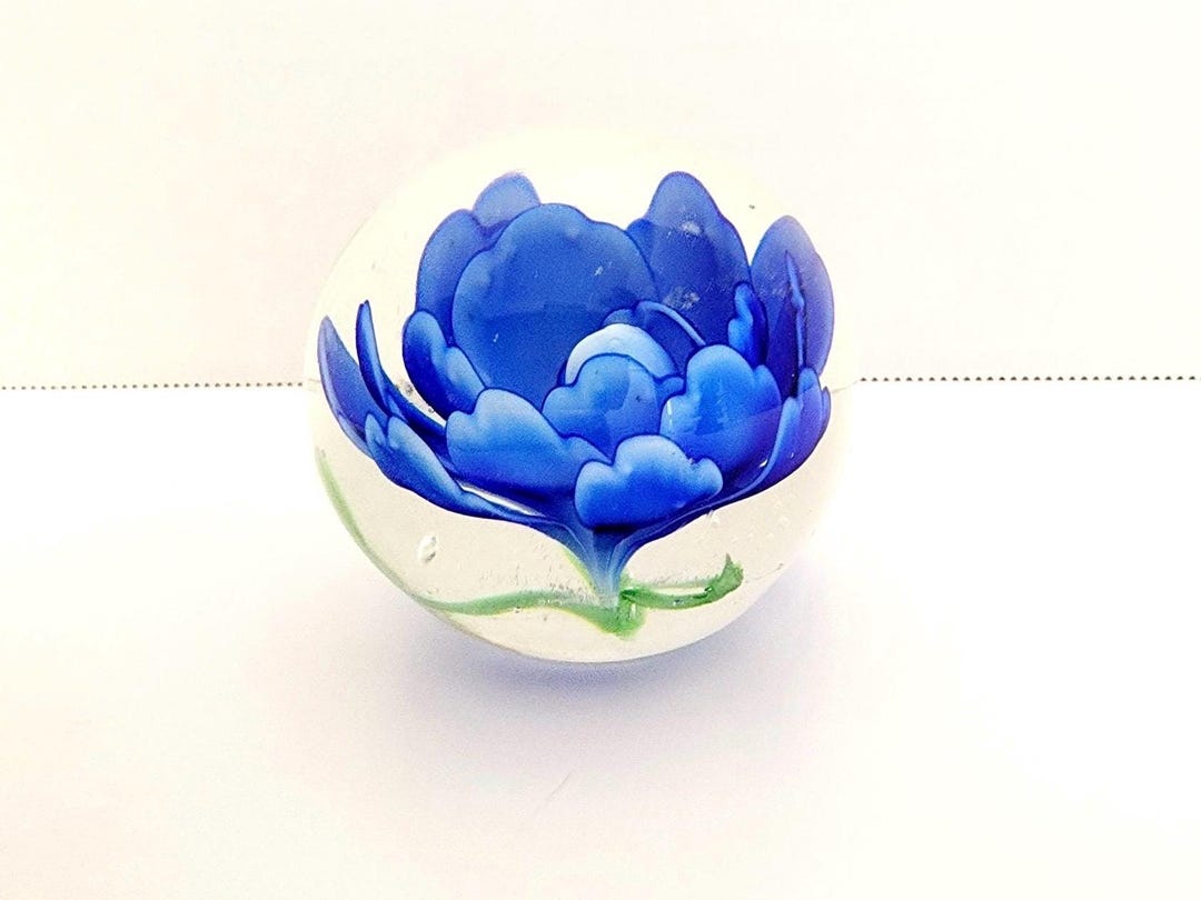 Handblown Glass Blue Flower Paperweight/avita Inc/hand Crafted/office ...