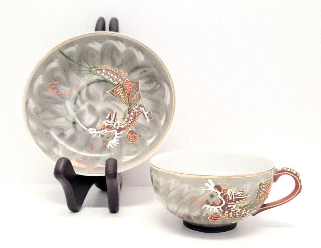 Antique Dragonware Moriage Teacup Saucer Set/gray/red/white/gold/rare ...