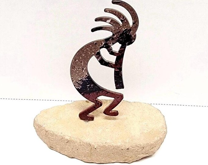 Kokopelli Aboriginal Metal Figure Flute Dancer on Stone Base ...