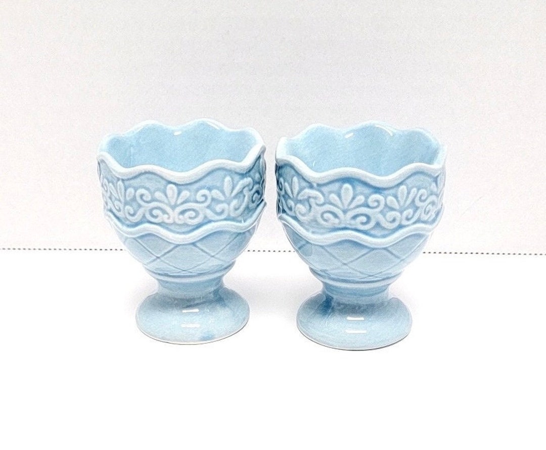 Vintage Blue MCM Eggcup Set/pale Blue/embossed Floral Design/scalloped ...