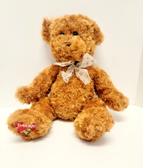 Vintage Dakin Plush Teddy Bear With Bow pillow Soft Fluffy Brown Fur plastic Eyes embroidered Nose dakin Patch on Foot cleaned laundered Etsy UK