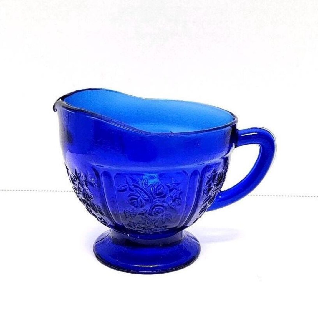 Vintage Cobalt Blue Glass Creamer With Rose Floral Design/blue Glass ...