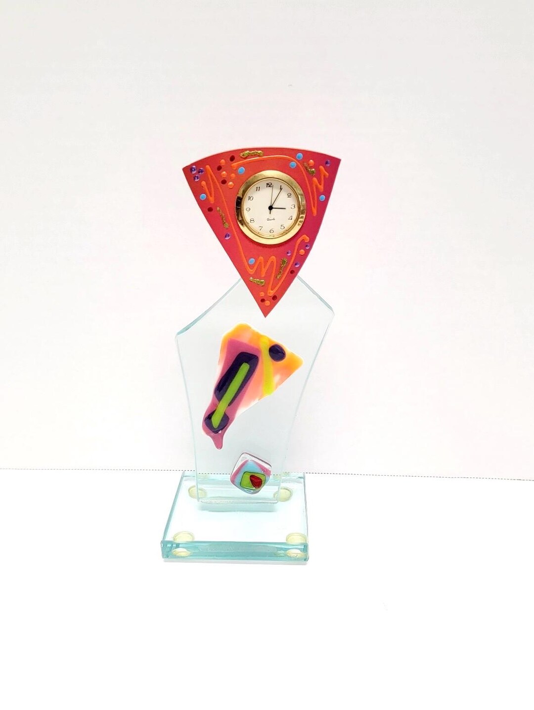 Lucite Fused Glass Clock Art Sculpture/signed Art/orange/green/blue ...