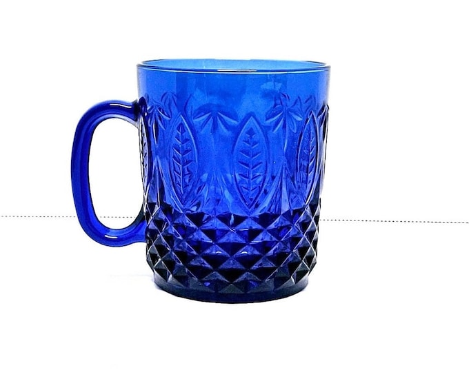 Vintage France Cobalt Blue Glass Mug/leaf Pattern/glass Mug/cobalt Blue ...
