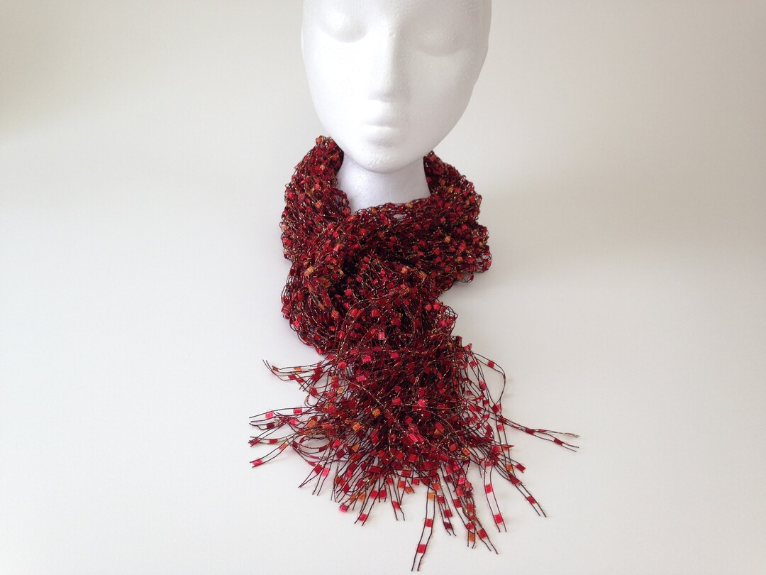 Red Ribbon Scarf, fancy scarf, elegant scarf, chic scarf, ladder yarn ...