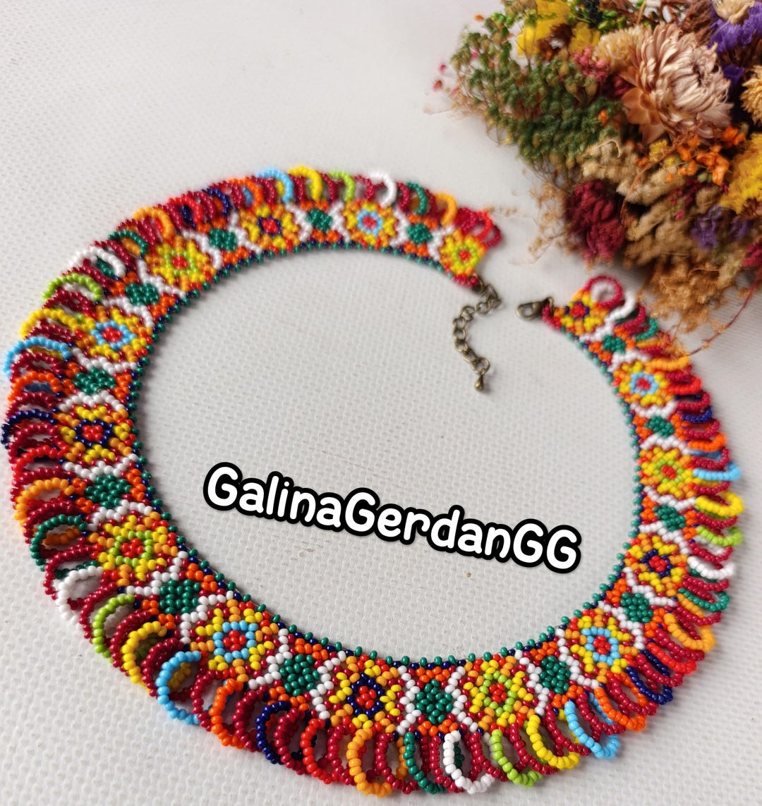 Ukrainian Beaded Necklace Collar • Colorful Beadwork Choker • Ethnic ...