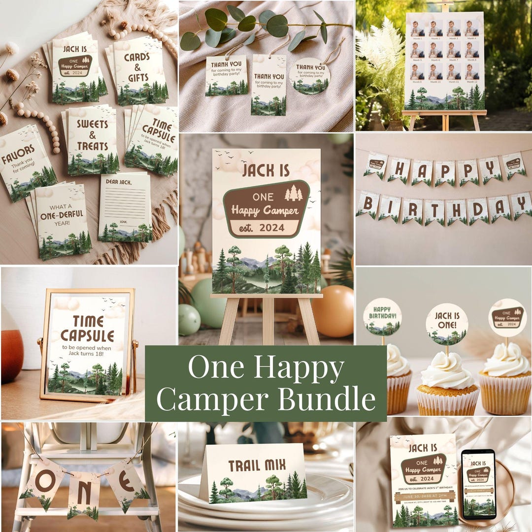 Editable One Happy Camper Birthday Signs Bundle, One Happy Camper ...