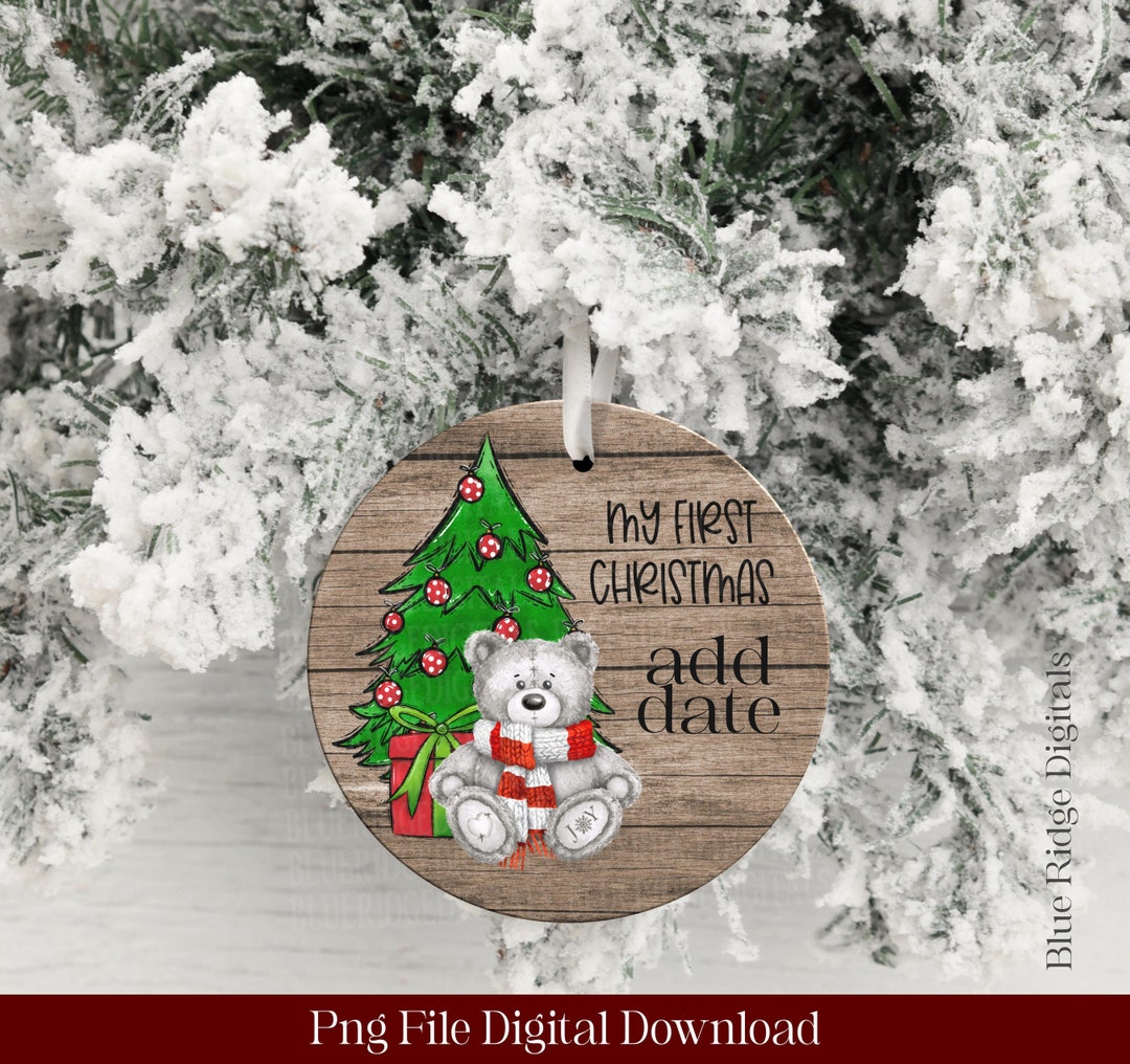 First Christmas Round Wood Ornament Sublimation Design Bear - Etsy