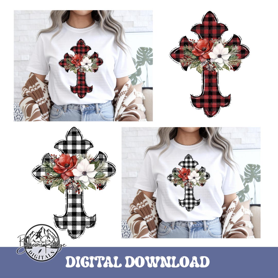 Christmas Cross - Buffalo Plaid Floral Cross PNG - Sublimation Design ...