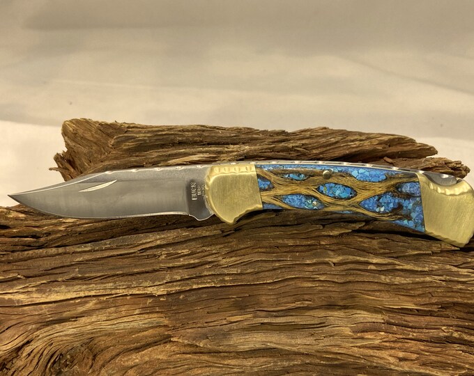 Custom Buck Ranger 112 Lockback Knife With Custom Cholla Wood and Blue ...