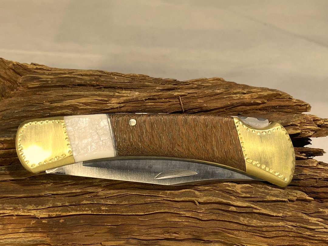 Custom Buck Hunter 110 Lockback Knife With Custom Leopard Wood/white ...