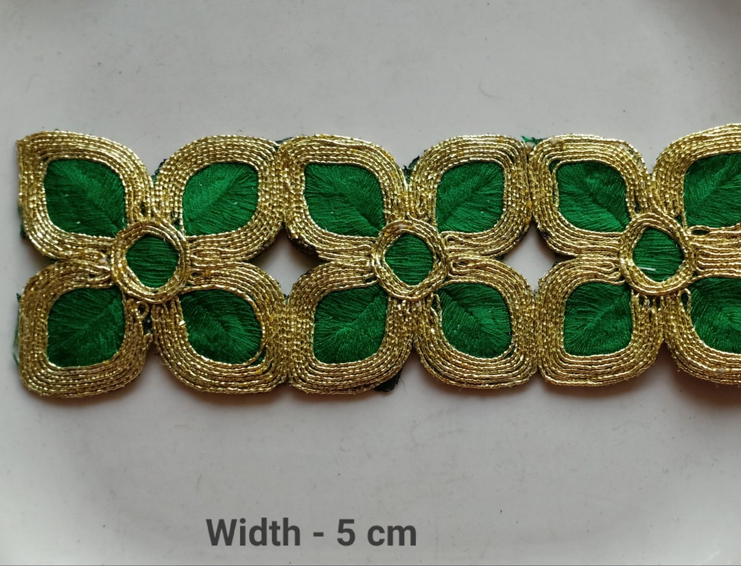 1 Yard Green and Gold Floral Embroidered Trim Width is 5 Cm Cut Work ...