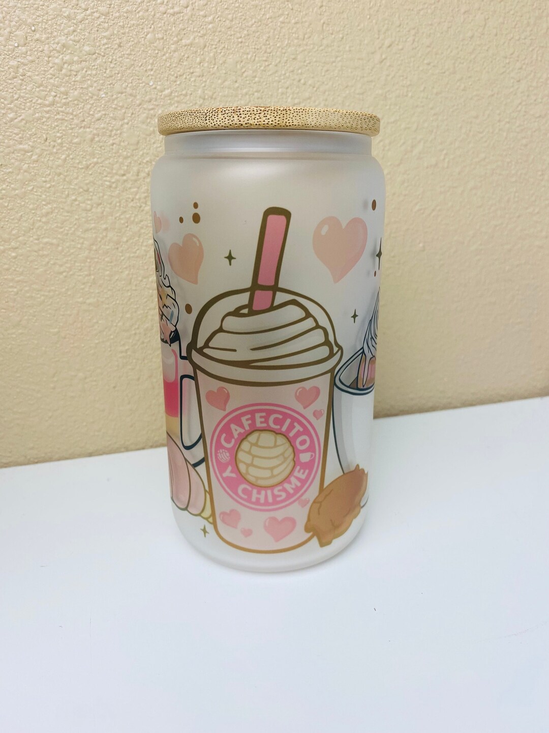 Cafecito Y Chisme Frosted Glass Tumbler Glass Can With Bamboo Lid And