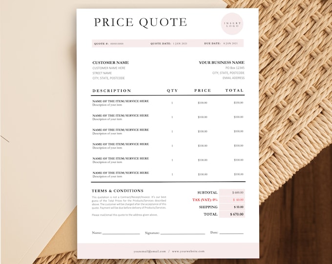 Price Quotation Template, Job Estimate Form, Editable Quotation ...