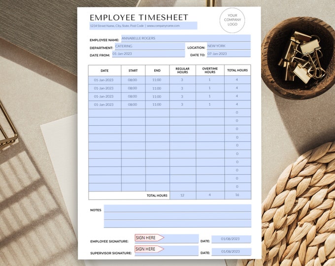 Employee Timesheet, Editable Timesheet, Time Card, Time Tracker ...