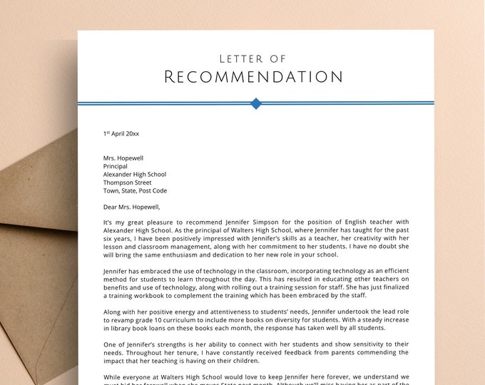 Letter of Recommendation Template, Reference Letter for a Teacher, MS ...