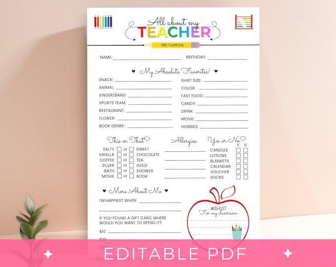 Teacher Favorites Printable, Back to School Teacher Survey, Teacher ...