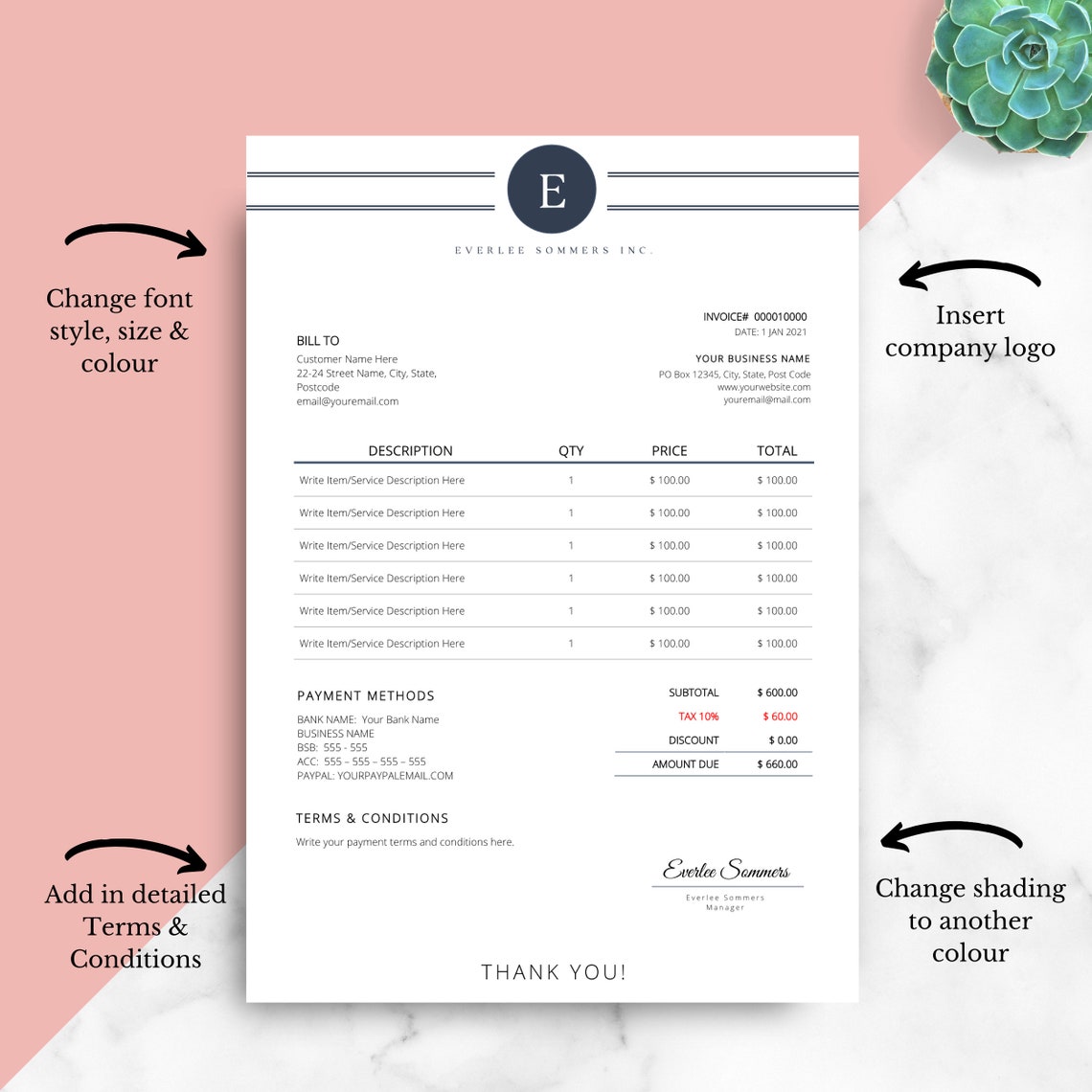 Invoice Template, Invoice Template Editable, Printable Invoice, Invoice ...