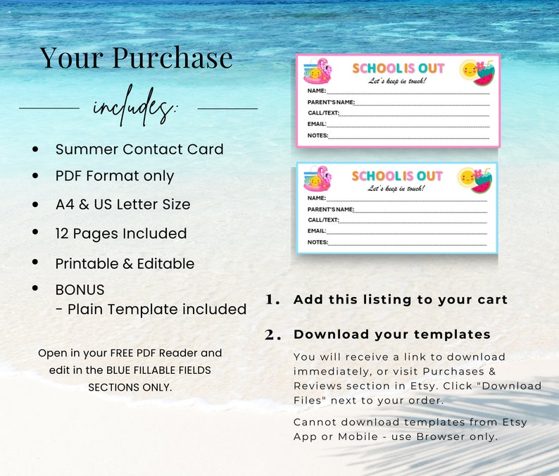 Summer Contact Cards, Kids Play Date Cards, End of School Cards for ...