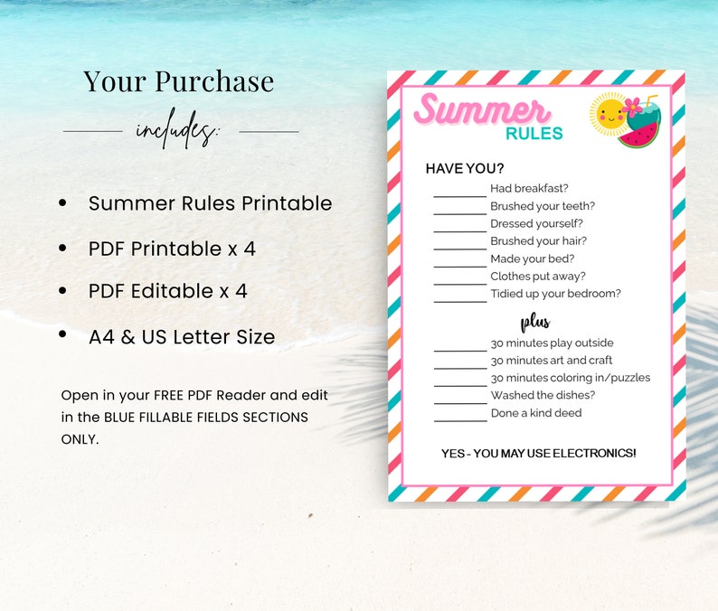 Editable Summer Rules for Kids, Printable Summer Rules, Daily Routine ...
