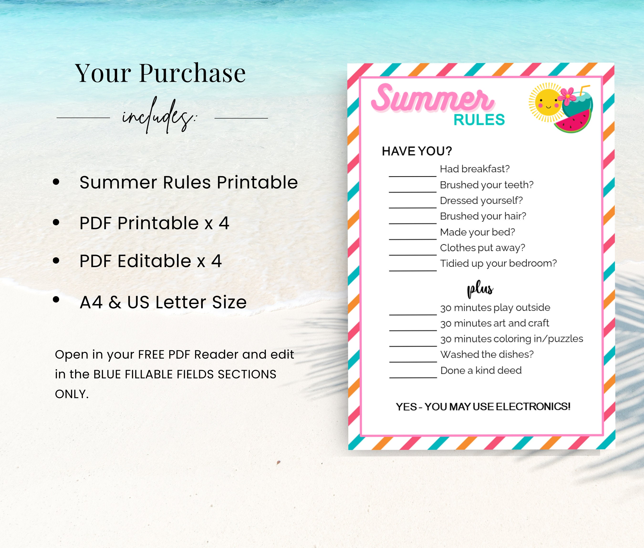 Editable Summer Rules for Kids, Printable Summer Rules, Daily Routine ...
