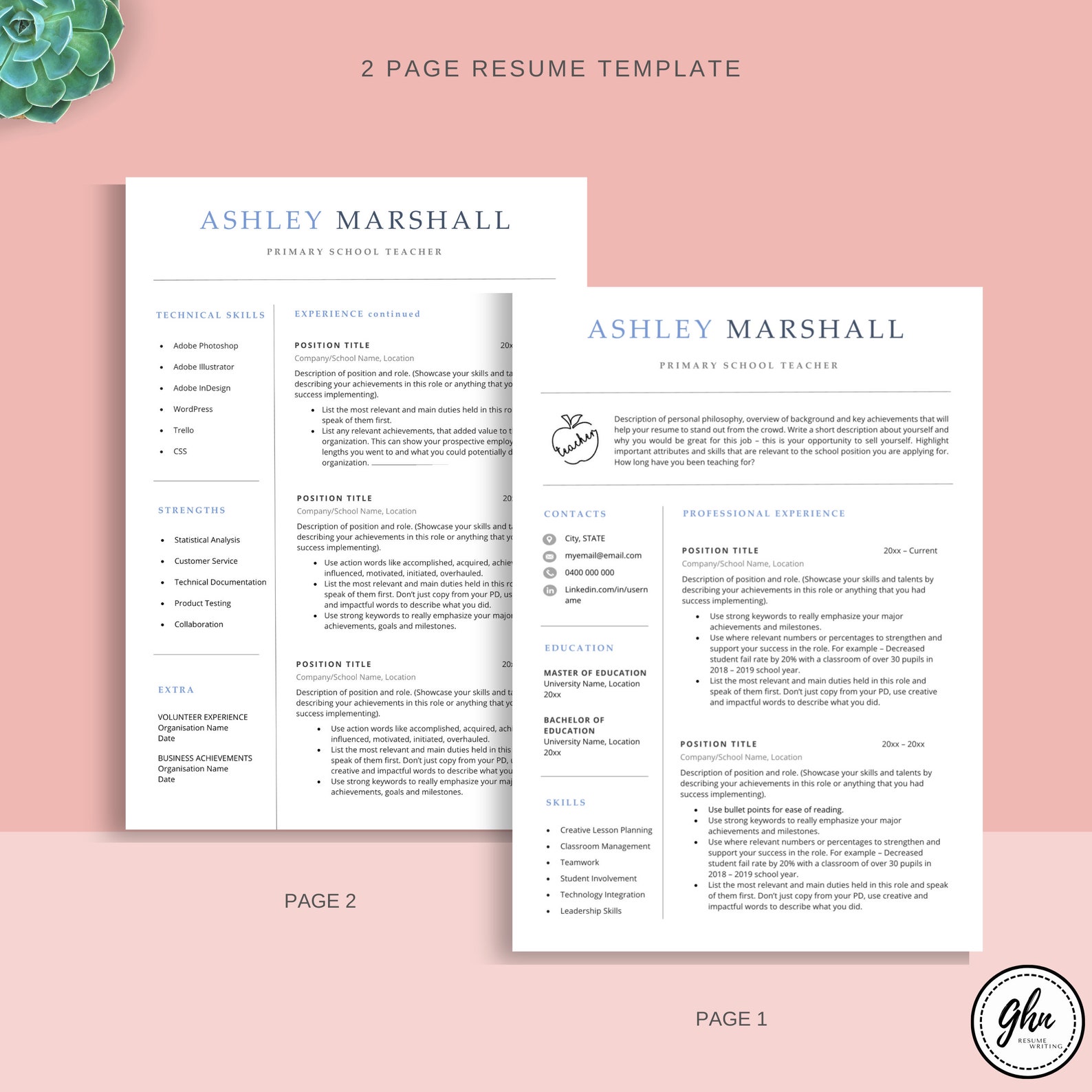 Teacher Resume Template for Word & Google Docs Teacher CV - Etsy