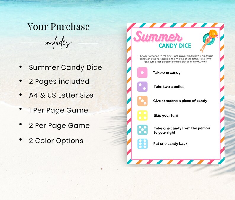 Summer Candy Dice Game, Printable Summer Game, Summer Party Games, Pool ...