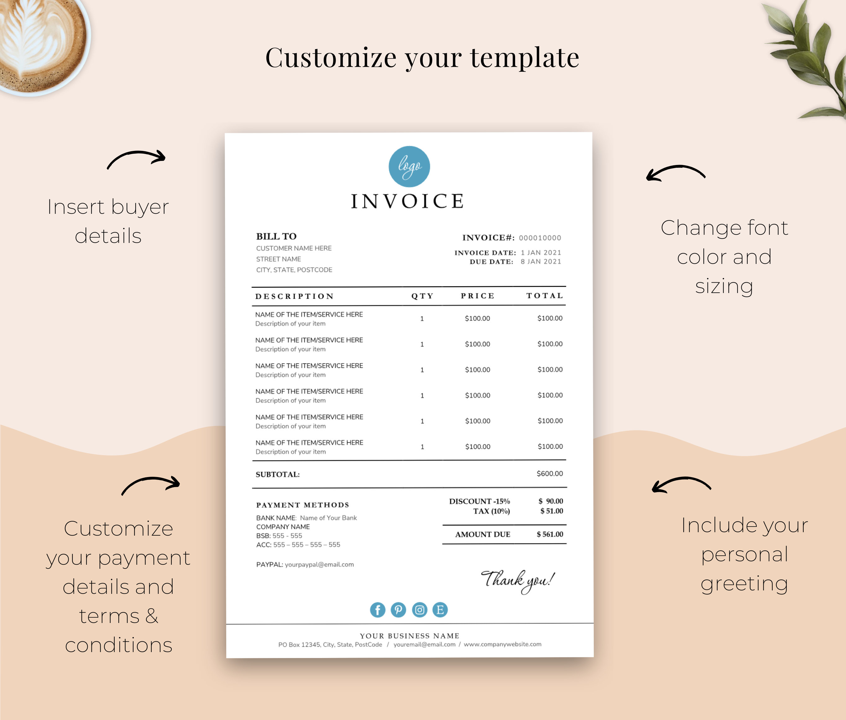 Modern Invoice Template, Invoice Template for Small Business, Balloon ...