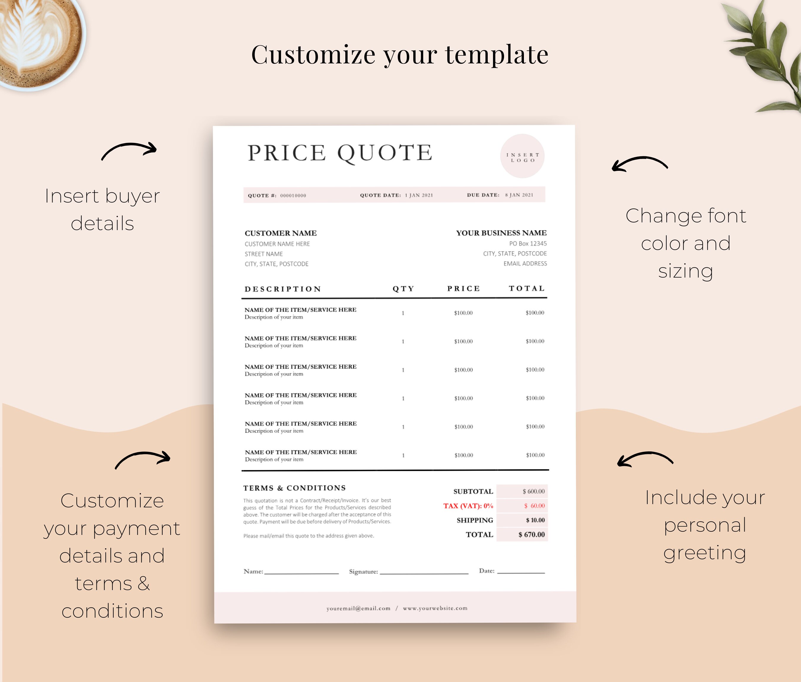 Price Quotation Template, Job Estimate Form, Editable Quotation ...