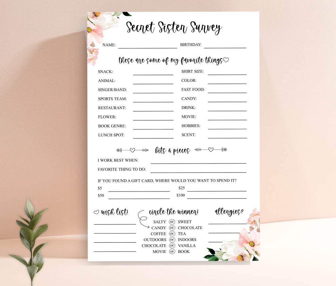 Secret Sister Survey Secret Sister Questionnaire Get to Know You Template All About Me Worksheet ...