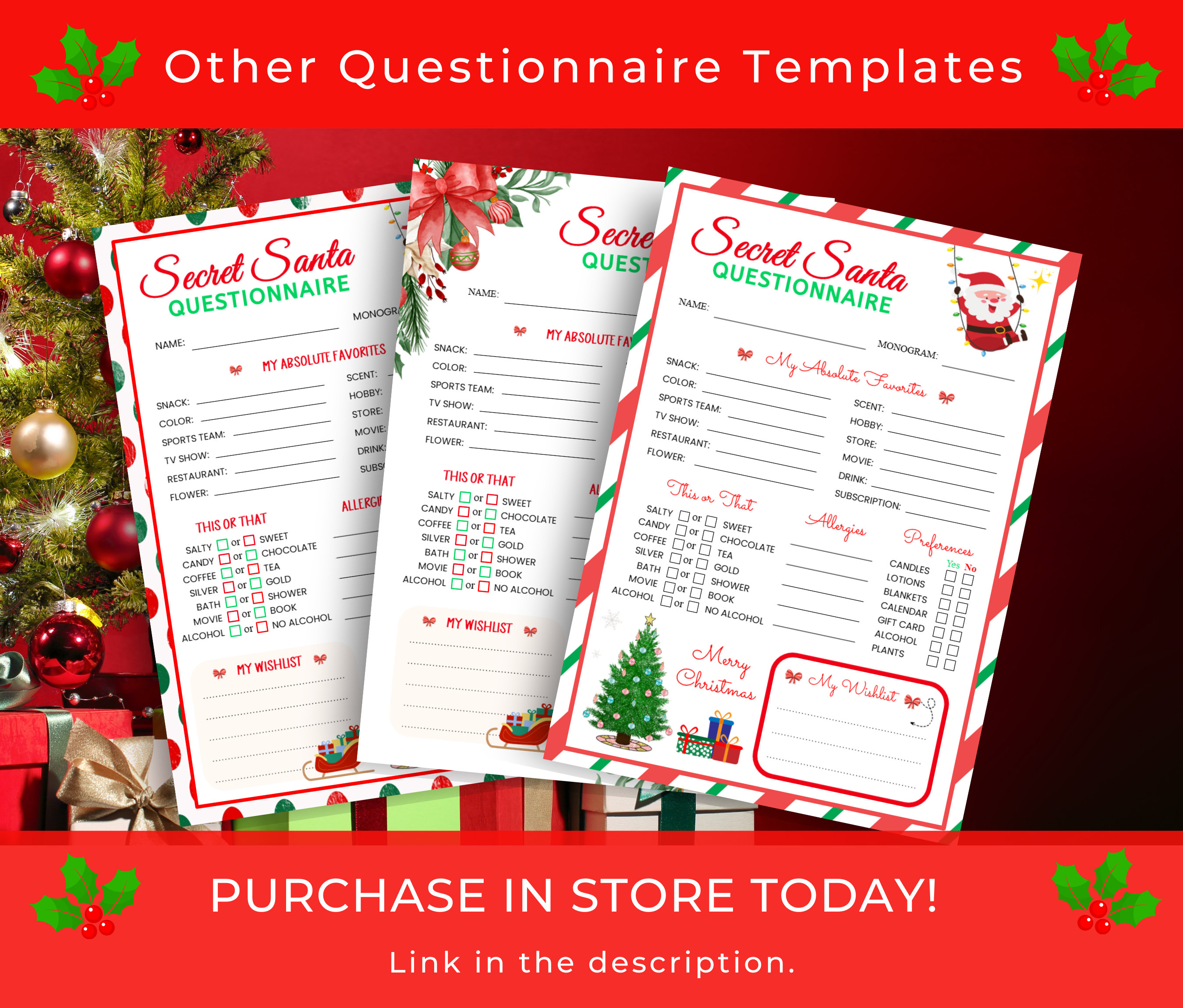 Secret Santa Questionnaire for Coworkers, Holiday Gift Exchange, Work ...