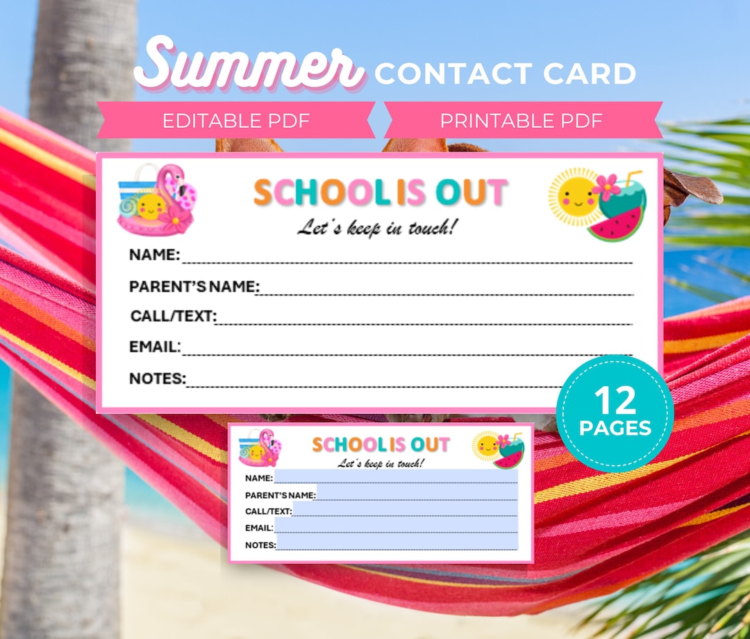 Summer Contact Cards, Kids Play Date Cards, End of School Cards for ...