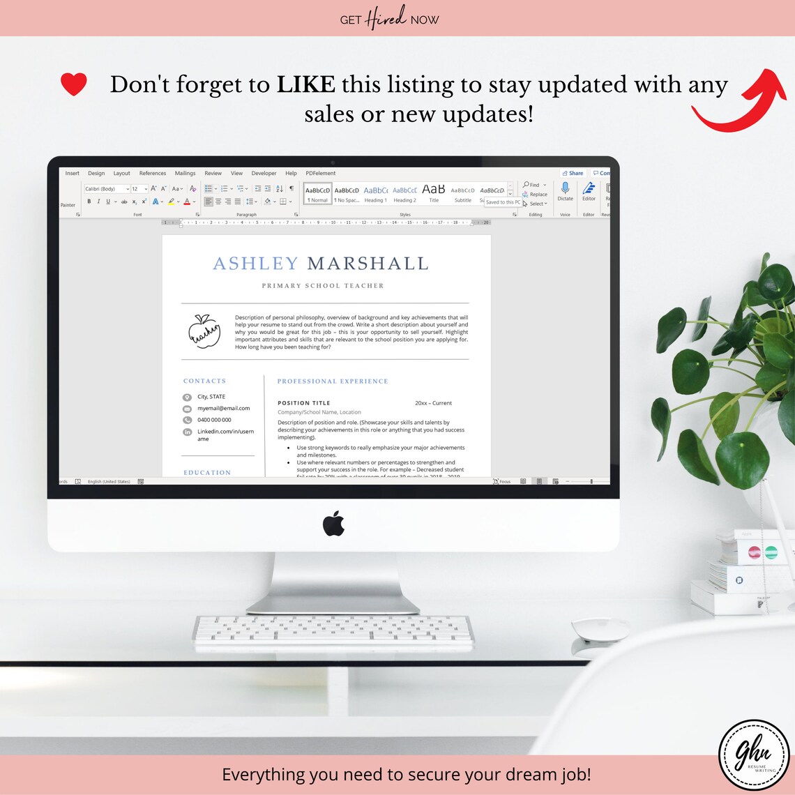 Teacher Resume Template for Word & Google Docs Teacher CV - Etsy