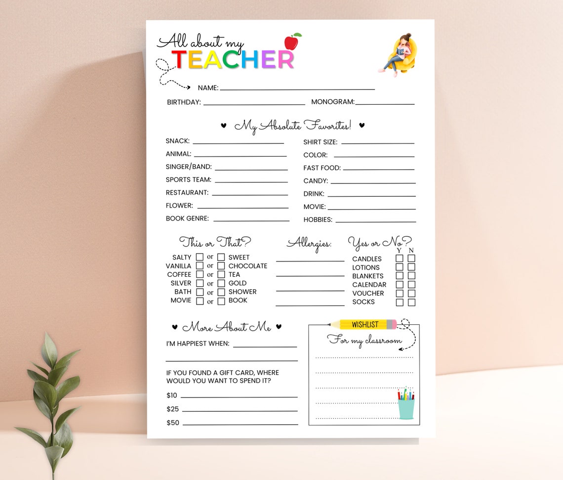 All About My Teacher, Teacher Appreciation Week, Teacher Survey ...