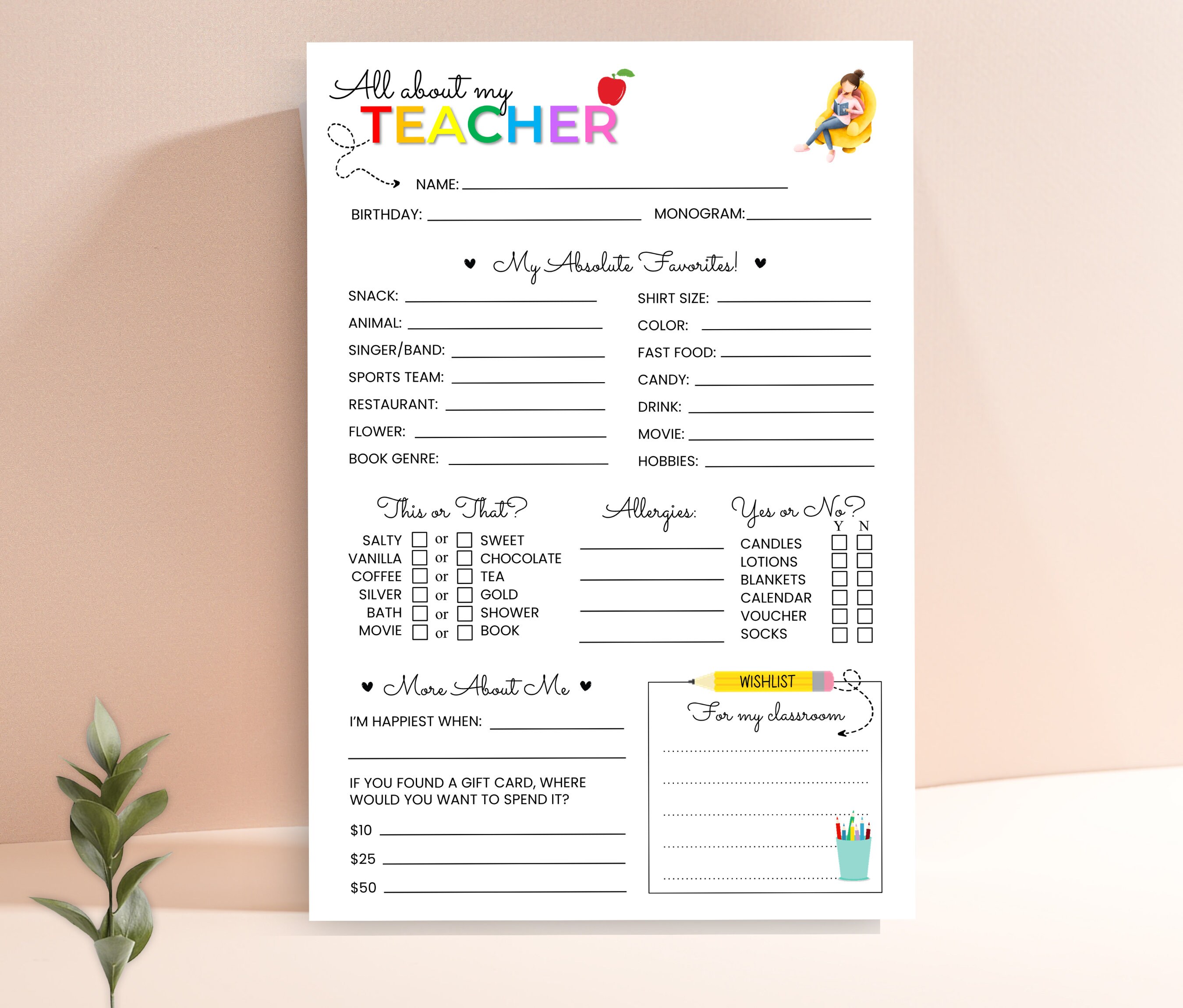 All About My Teacher, Teacher Appreciation Week, Teacher Survey ...