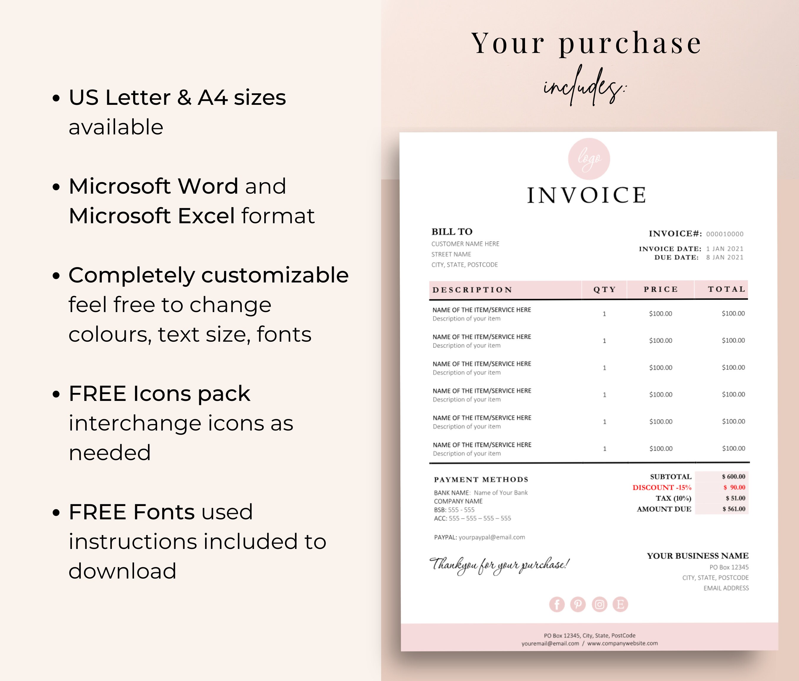 Excel Invoice, Business Invoice Spreadsheet, Invoice Template, Wedding ...
