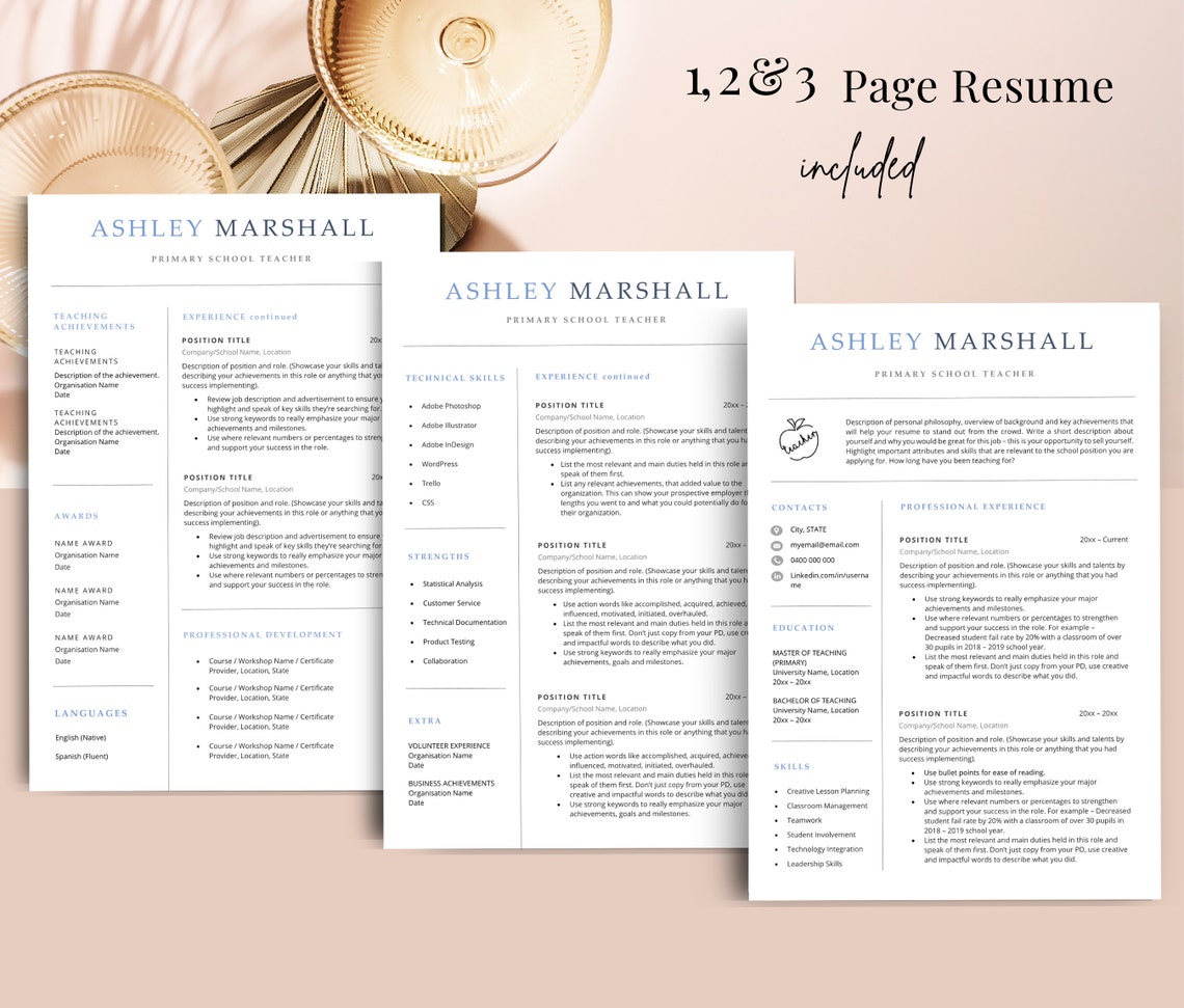 Teacher Resume Template for Word & Google Docs, Teacher CV Template ...